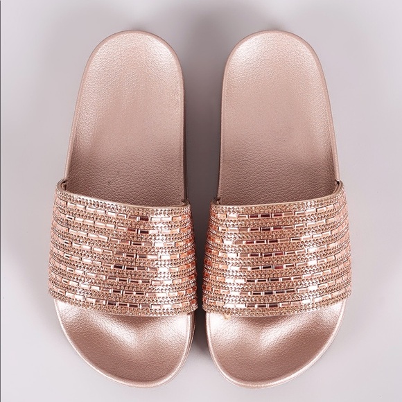Shoes | Rose Gold Rhinestone Crystal Mirror Slides Sandals Metallic ...